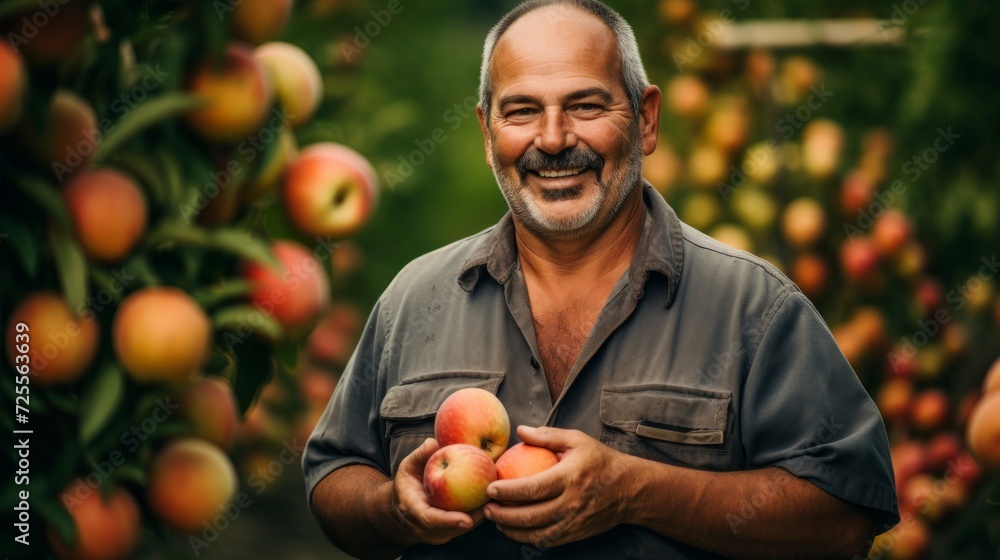 Proud orchardist among fruit trees hands cradle ripe apple symbolizing ...