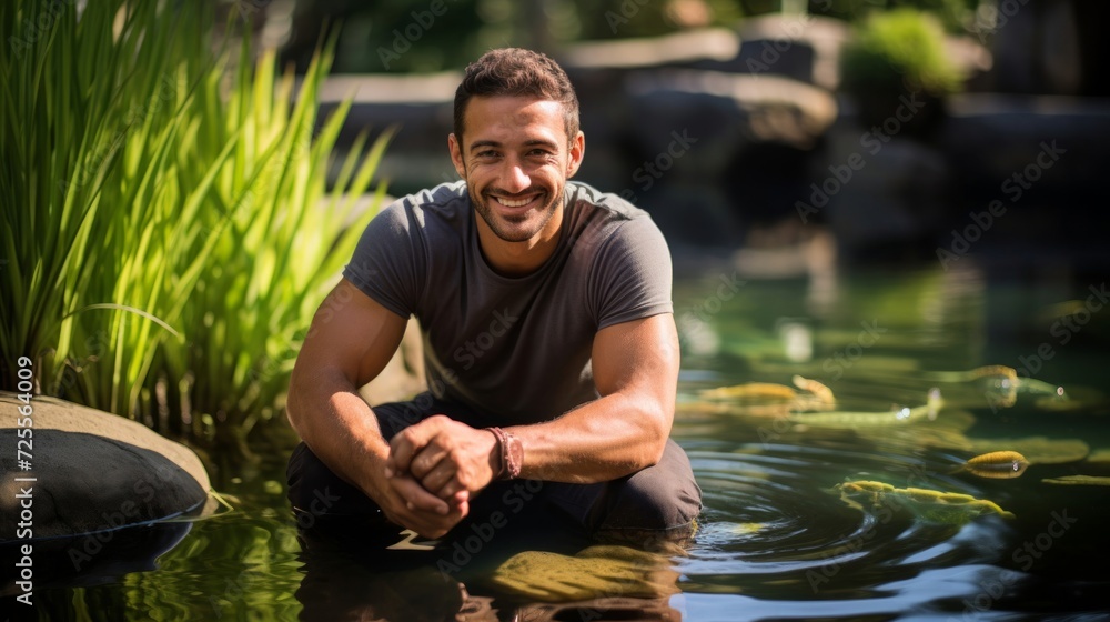 Engaged aquaculturist by pristine fish pond responsible for aquatic ...