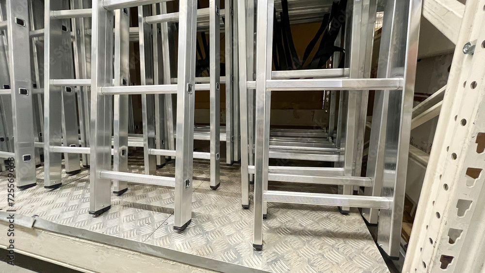 Aluminum stairs in the store, Stairs of ladder for construction in shop ...