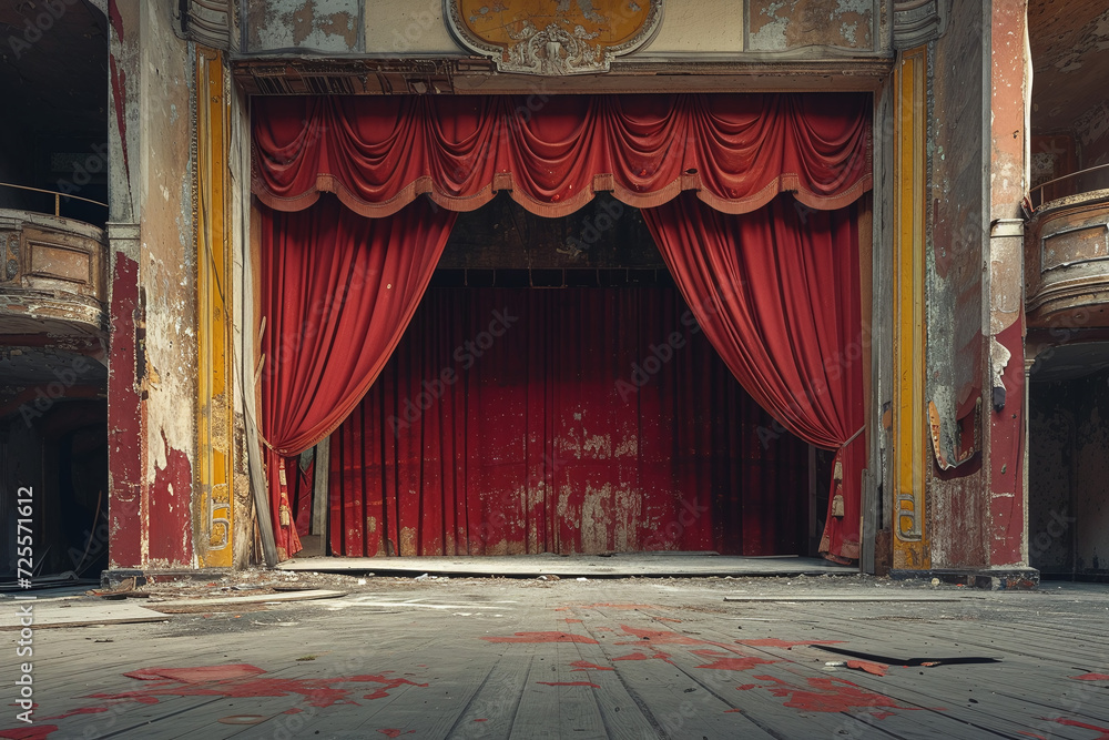 Abandoned theater stage with tattered red curtains in a dilapidated ...