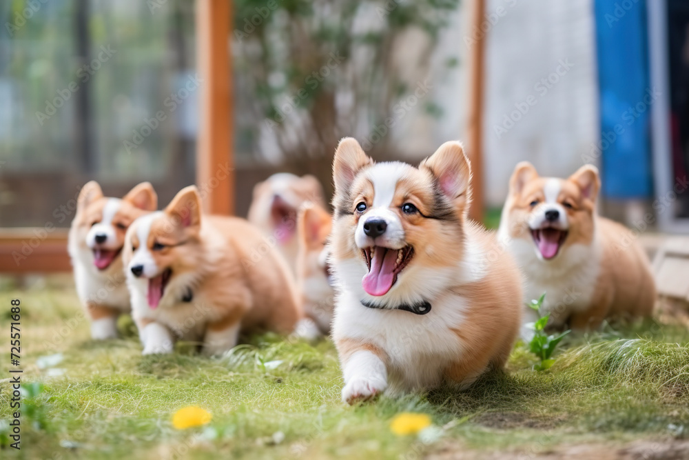 quintet of corgi pups, cheerful lineup of young Welsh Corgis playfully ...