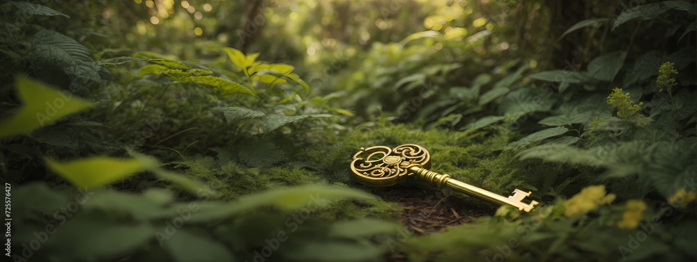 A golden key positioned within the lush foliage of a secret garden ...