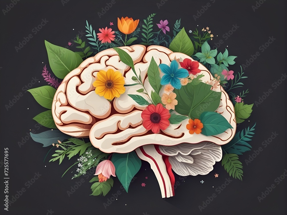 self care and mental health concept where human brain is made of plants ...