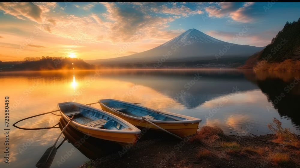 Beautiful scenery during sunrise of Lake Saiko in Japan with the ...