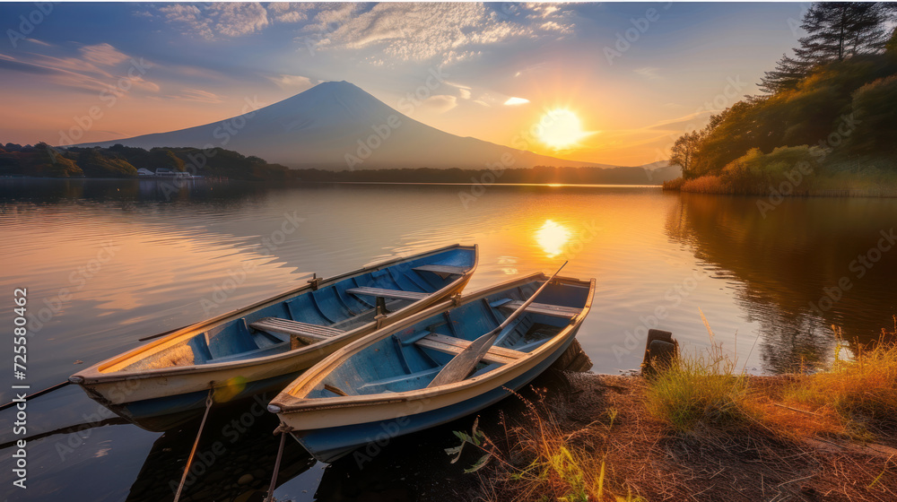 Beautiful scenery during sunrise of Lake Saiko in Japan with the ...