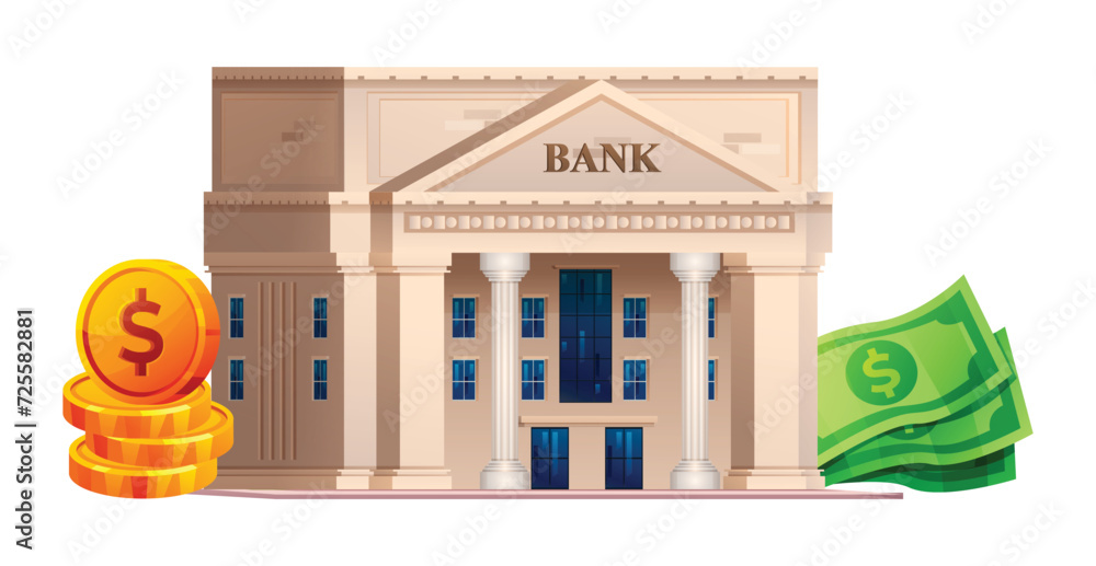 Bank building with banknotes and coins. Banking finance concept. Vector ...