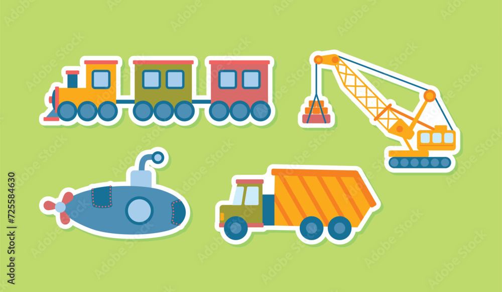 Cartoon Color Toys Equipment Kids Sticker Set Concept Flat Design Style ...