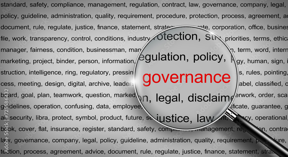Magnifying glass on Governance word. Word cloud and governance word in ...