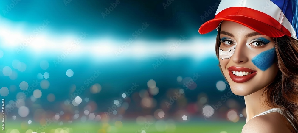 Cheering dutch woman with flag face paint at sports event, blurry ...