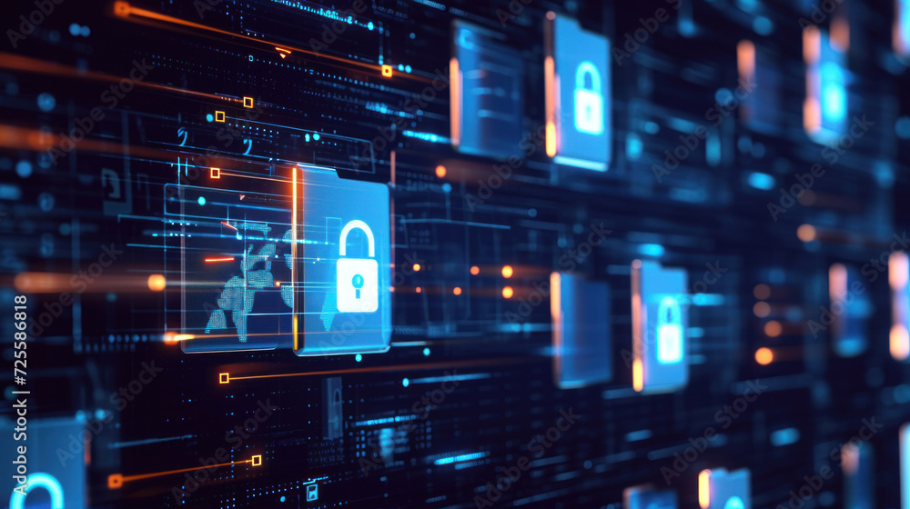 Locked Data Files, screen displaying a series of file icons lock symbol. Digital interface ...
