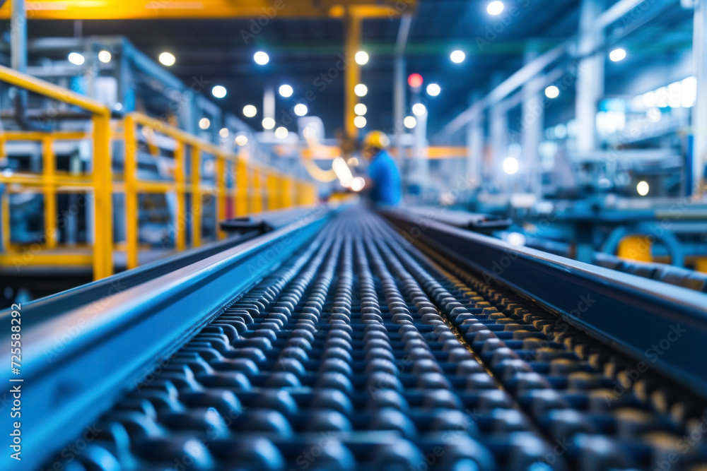 Conveyor belt operation, a worker at the factory overseeing the smooth ...