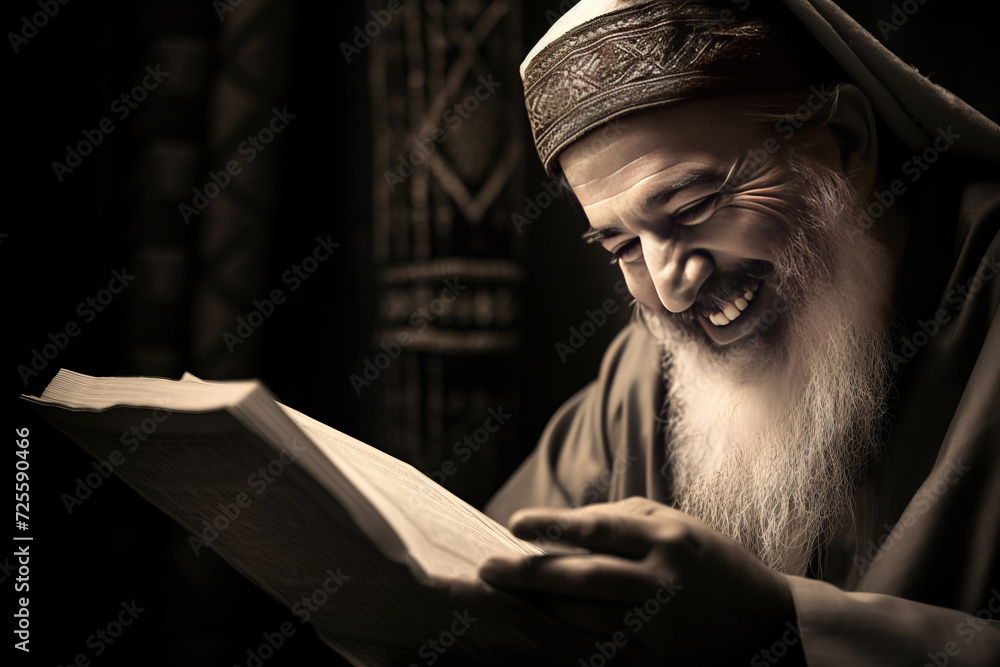 Portrait of a wise and bearded Arab professor who is smiling and ...