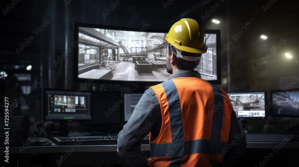 Back view of engineer in safety helmet and uniforms on Big Screens ...