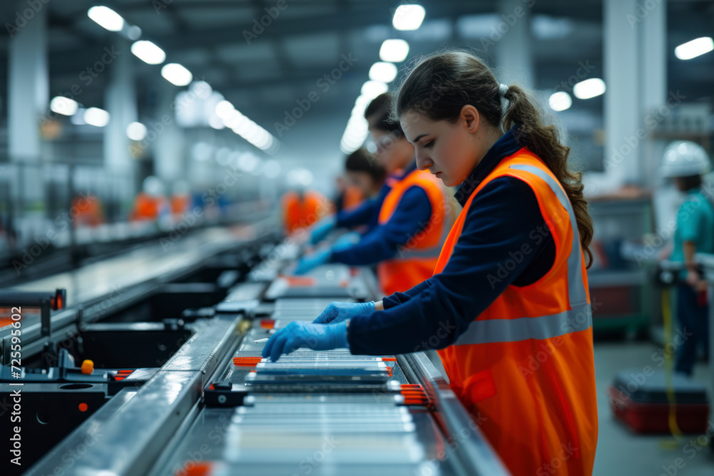 Conveyor belt operation, a worker at the factory overseeing the smooth ...