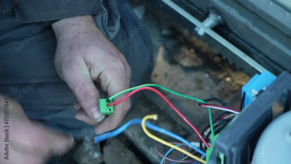 Electrician installs wiring using Connectors for connecting wires in ...