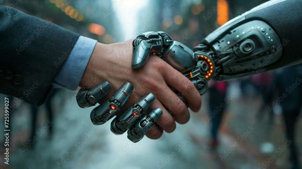 Handshake between a human and a robot on a city background. Generative ...