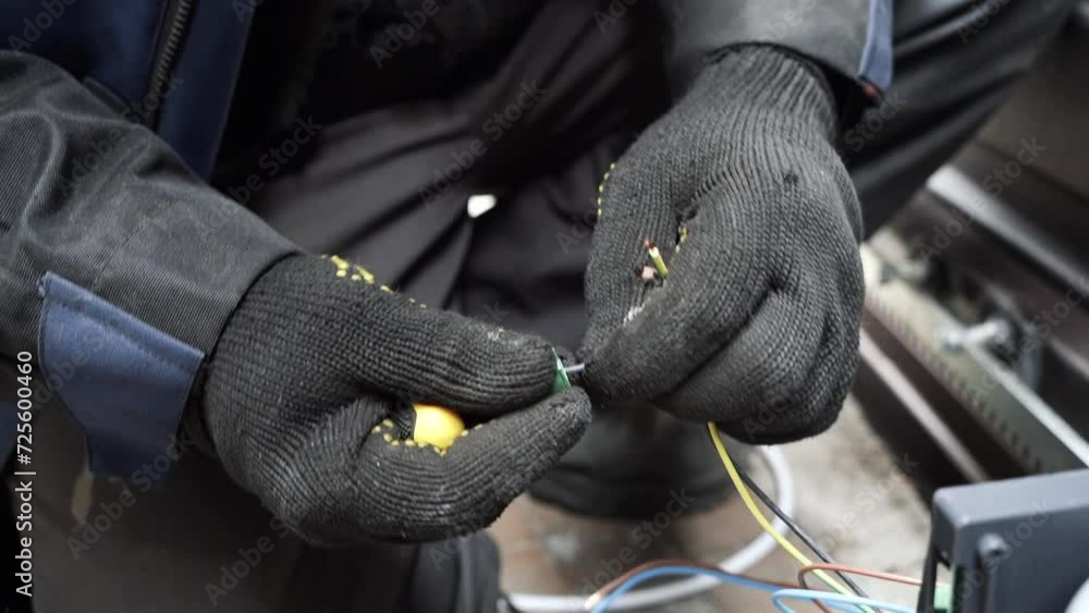 Electrician installs wiring using Connectors for connecting wires in ...