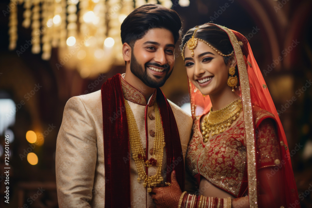 Happy Indian ethnic Bride and Groom wearing traditional costumes and ...