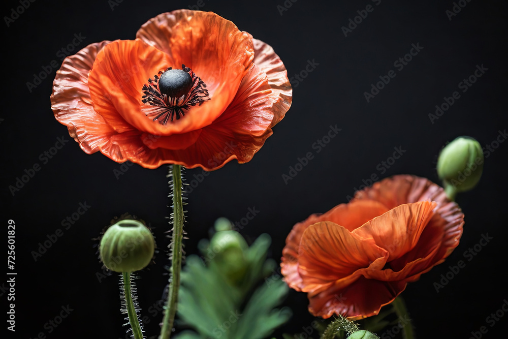 Honor with poppies. A delicate poppy blooms on a black background, a ...