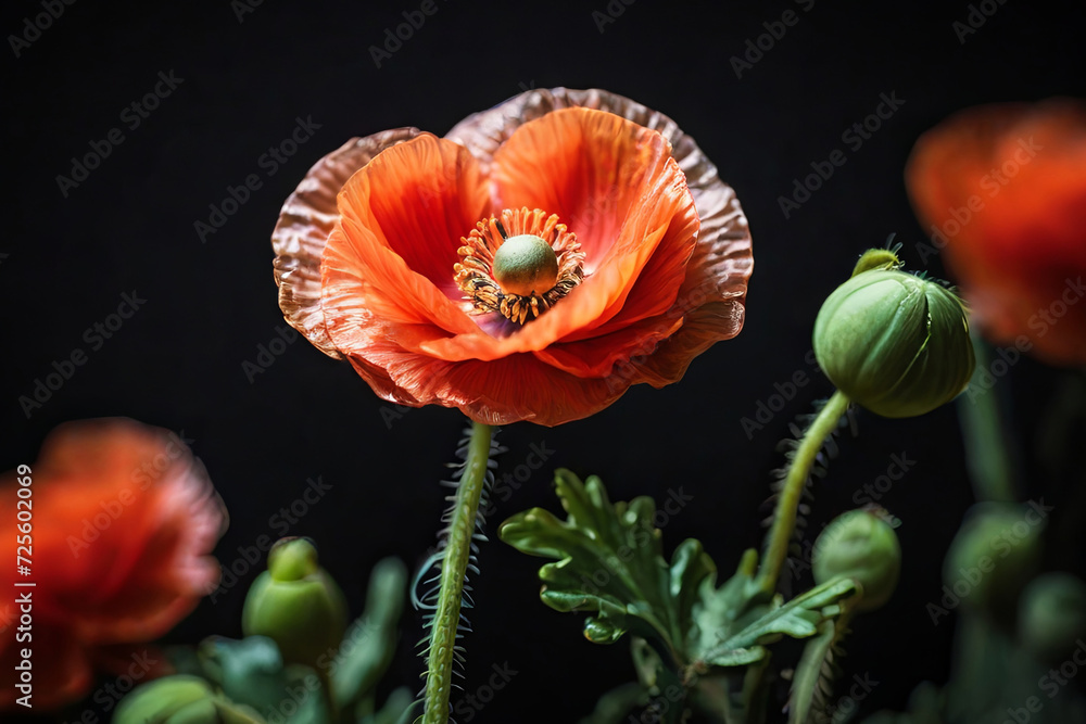 Honor with poppies. A delicate poppy blooms on a black background, a ...