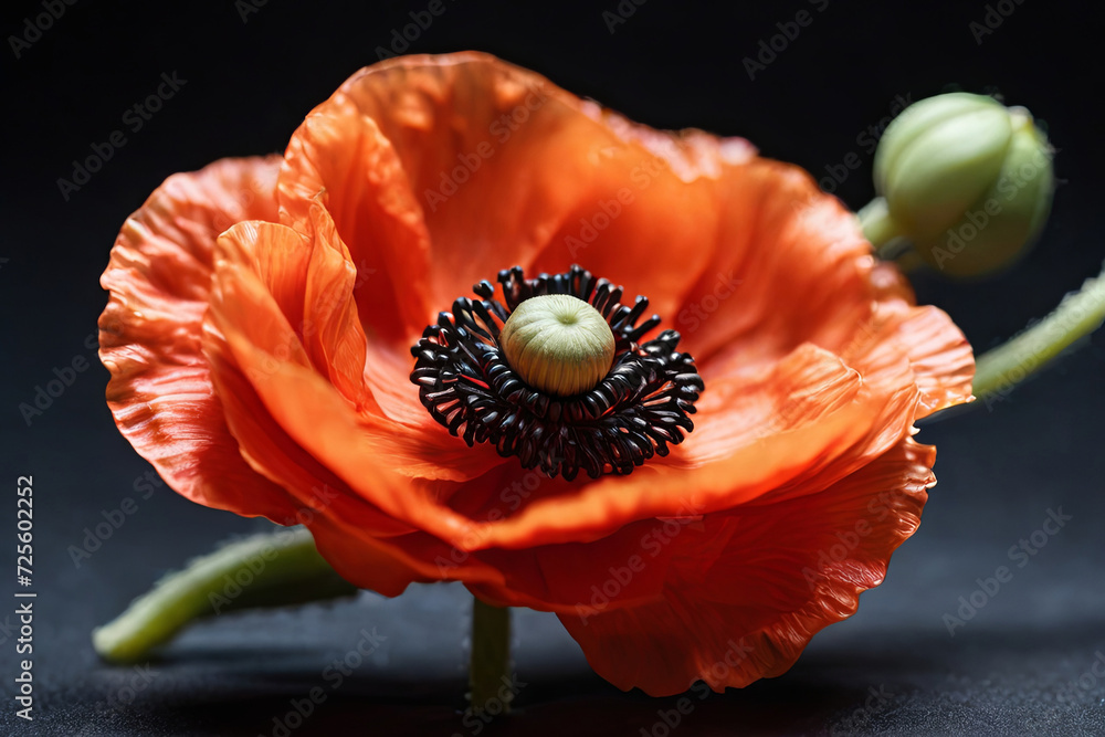 Honor with poppies. A delicate poppy blooms on a black background, a ...