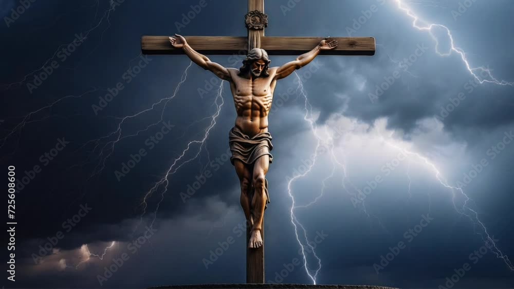 motion of Jesus Christ on the cross with a cloudy sky and lightning ...