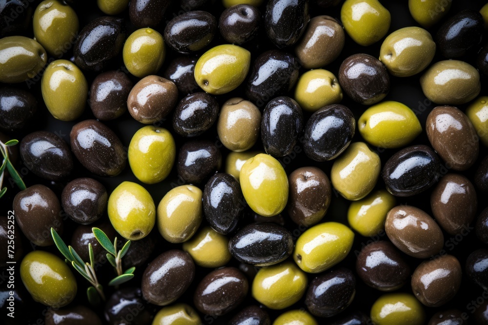 Ripe fresh green and black olives closeup top view. Olives background ...