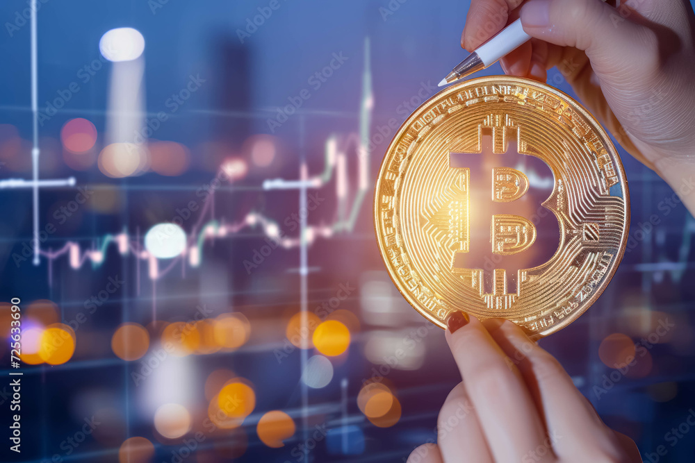 Person Drawing Outlines Bitcoin Sign in Gold with Graphic Outlines ...