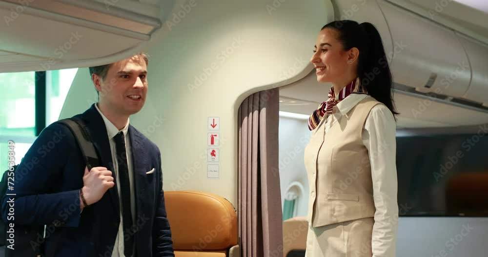 Vidéo Stock Stewardess taking care passenger. Cabin crew, air hostess ...