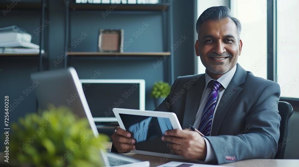 Generative AI : Smiling mid aged business man ceo wearing blue suit ...
