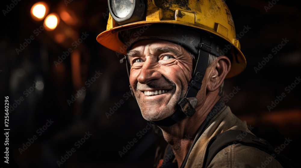 Smiling and happy coal mine male worker wearing head protection helmet ...