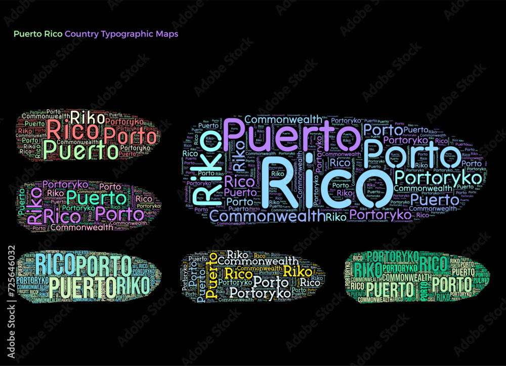 Puerto Rico. Set of typography style country illustrations. Puerto Rico ...