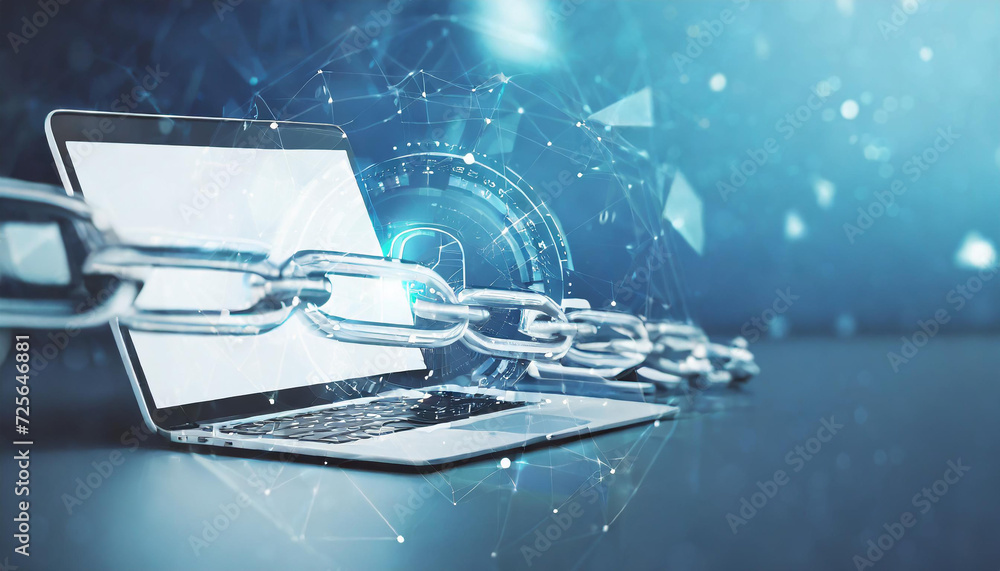 Close up of laptop computer with creative digital chain of documents on ...