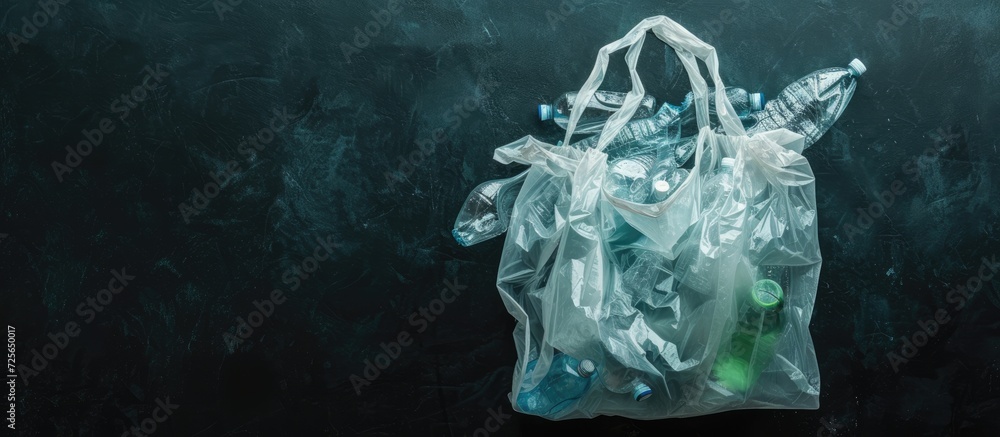 White bag on black background containing non-biodegradable plastic ...