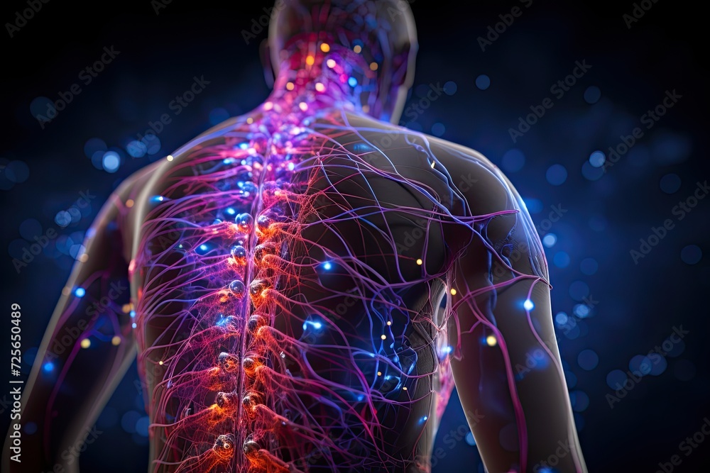 3d illustration of male human body skeleton with nerves system anatomy ...