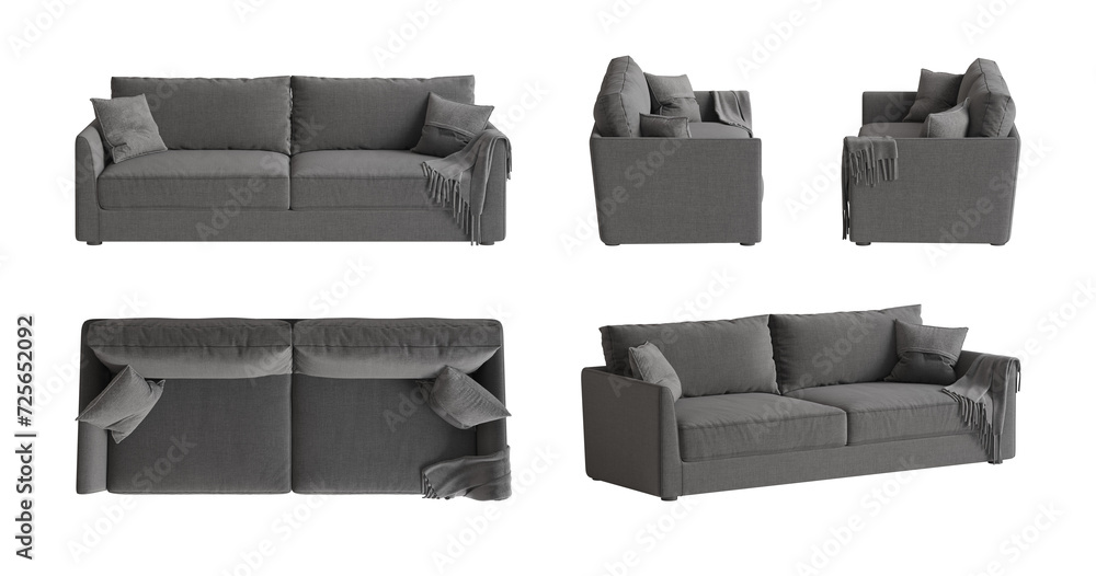 Set of views of a modern gray fabric modular sofa isolated on a white ...