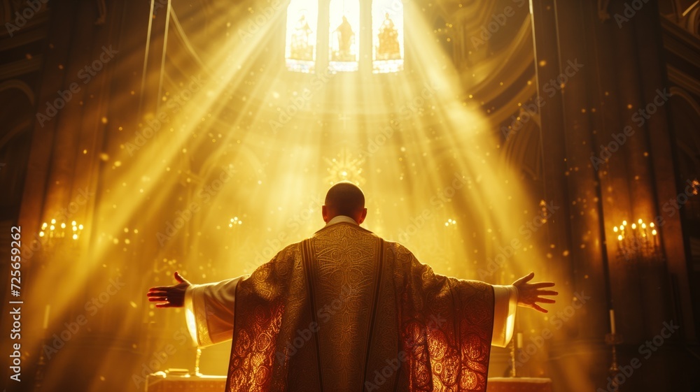priest or minister in a church with arms outstretched, illuminated by ...