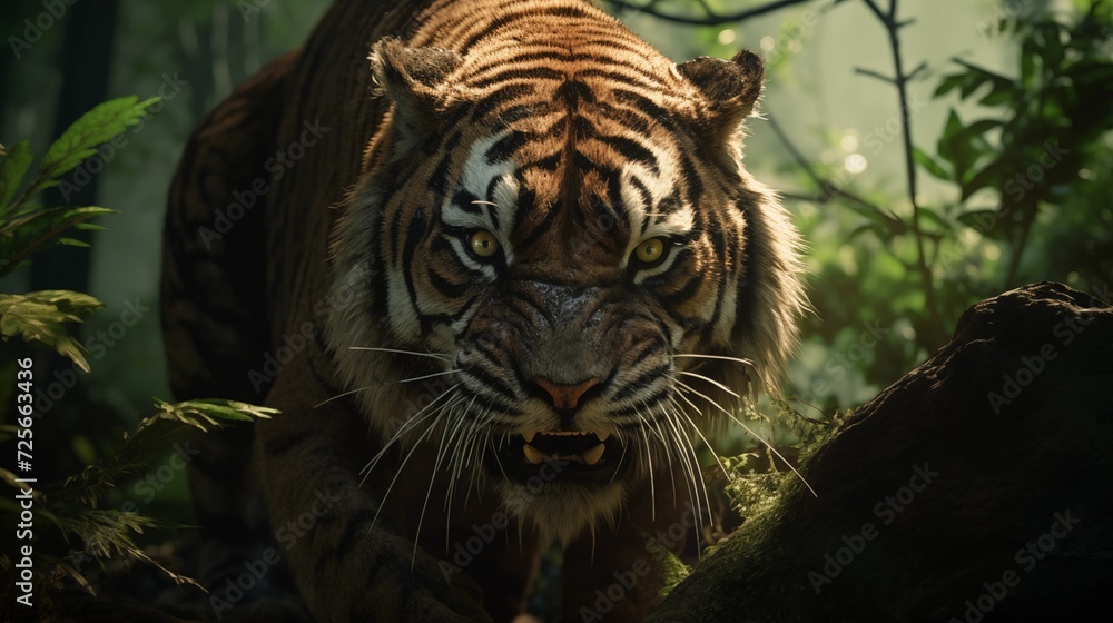 AI-generated illustration of an extinct saber tooth tiger in the forest ...