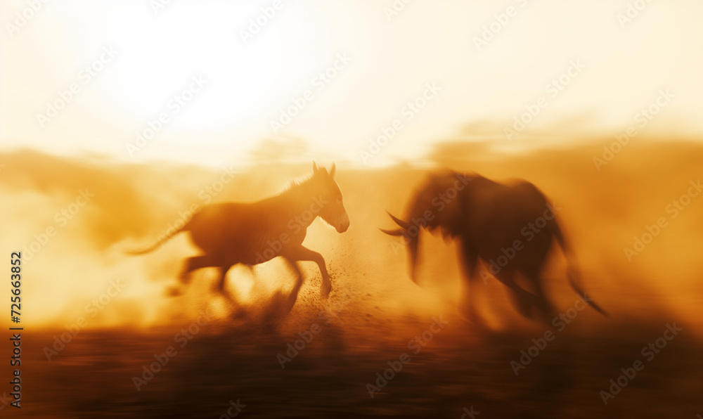 Donkey and elephant fighting at farmland during dusk, motionblur. The ...