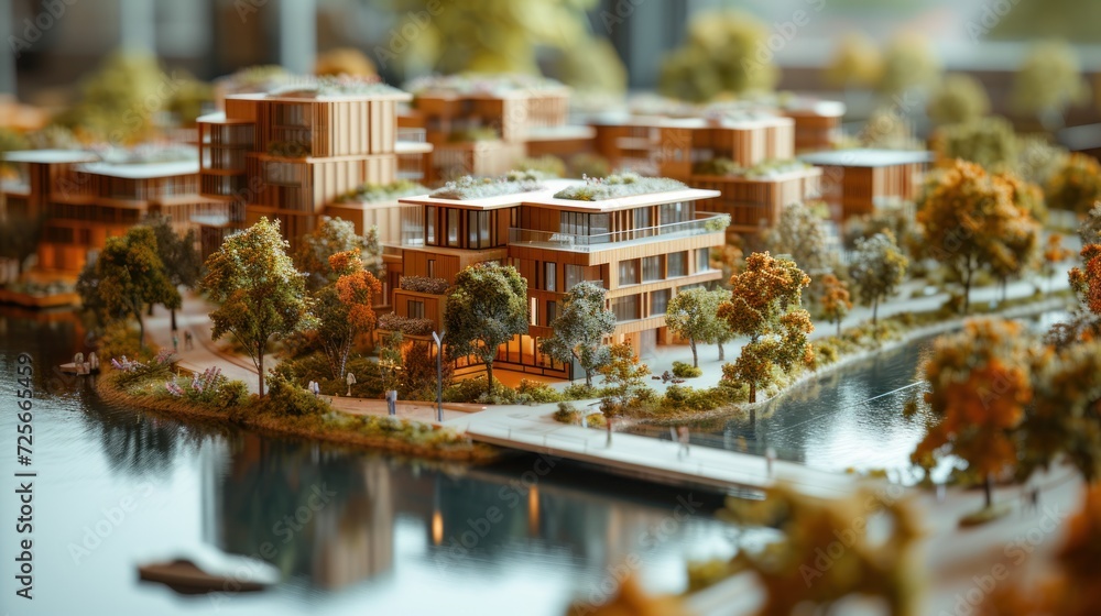 Macro shot of a detailed scale model of an urban redevelopment project ...