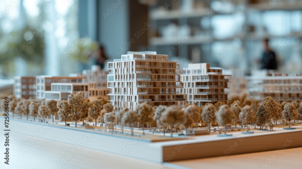 Macro shot of a detailed scale model of an urban redevelopment project ...