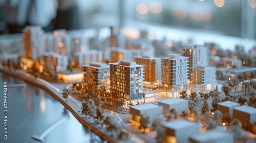 Macro shot of a detailed scale model of an urban redevelopment project ...