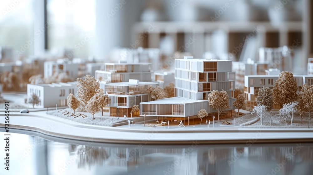 Macro shot of a detailed scale model of an urban redevelopment project ...