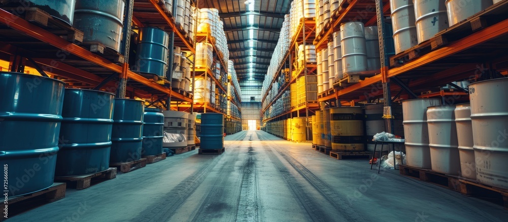 Storing oil barrels and chemical drums in a warehouse. Stock Photo ...