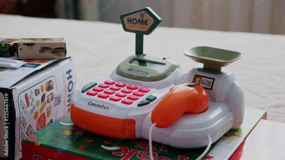 Toy cash register. Children's cash register with calculator, scale ...