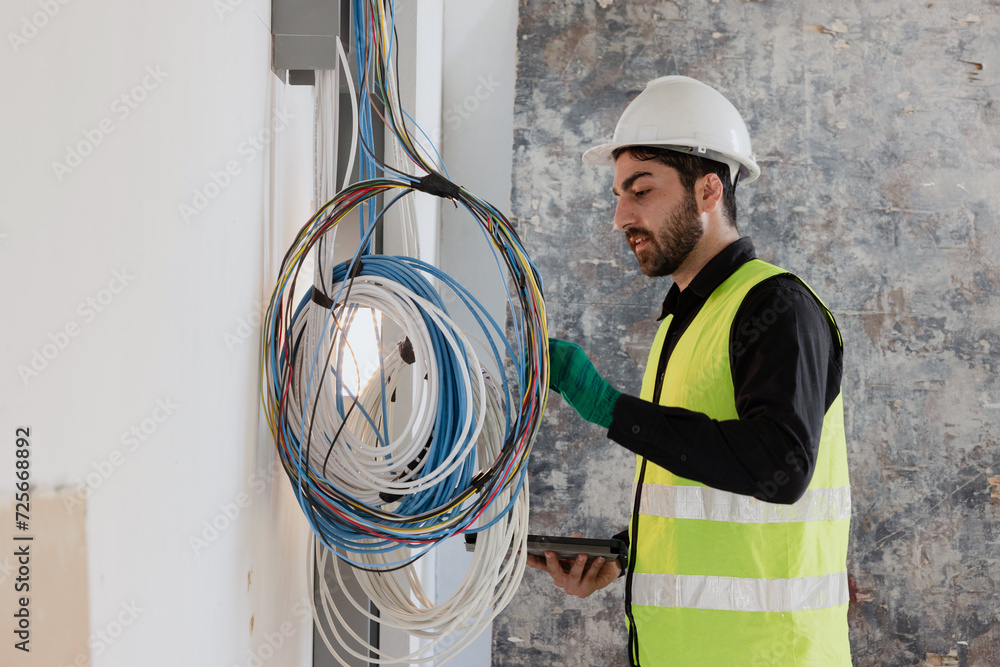 electrical engineers or technicians is professionally inspecting the ...