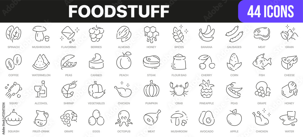 Foodstuff line icons collection. UI icon set in a flat design ...