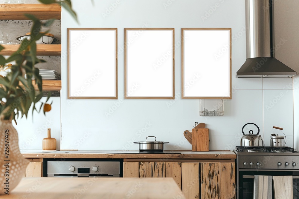 Three Frame mockup. Modern Kitchen with Wooden Accents and Dry Plants ...