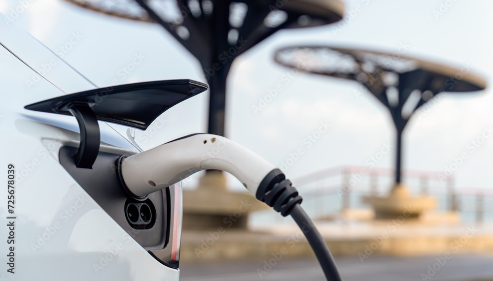 Panorama closeup EV charger handle plugged in or connect to electric ...