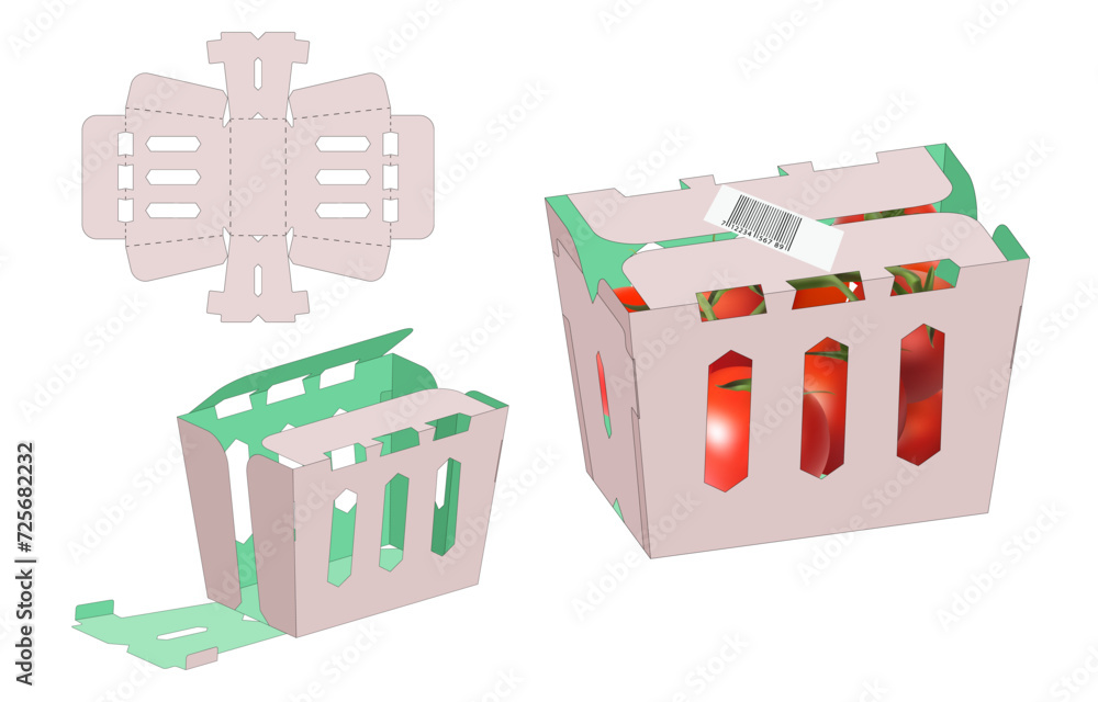 Fruit and vegetable box, die cut template, 3D preview Carry On ...